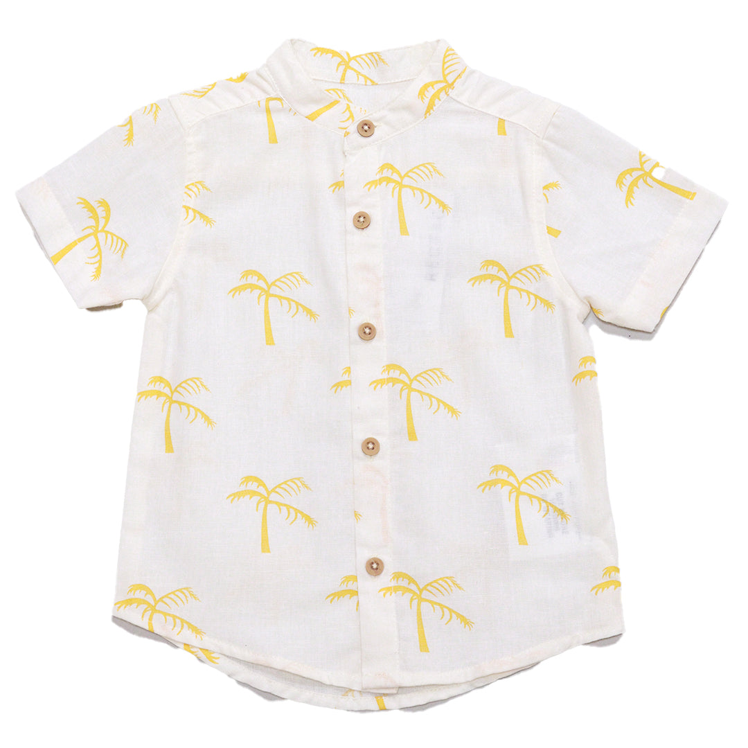 White With Aop Palm Tree Linen Short Slv Shirt | Nawao.com