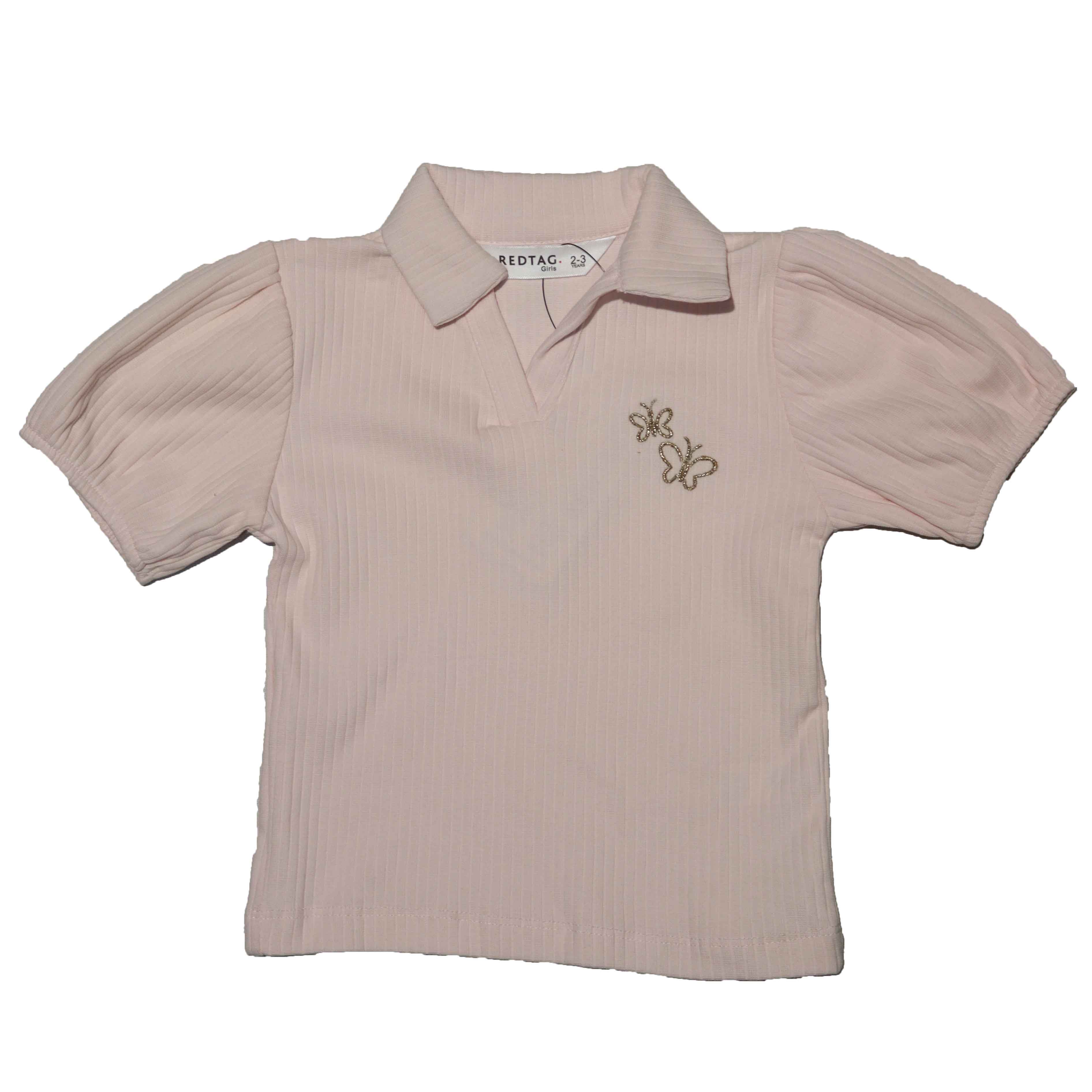 Rib Collar Puff Sleeve Top Pale Pink | Nawao.com